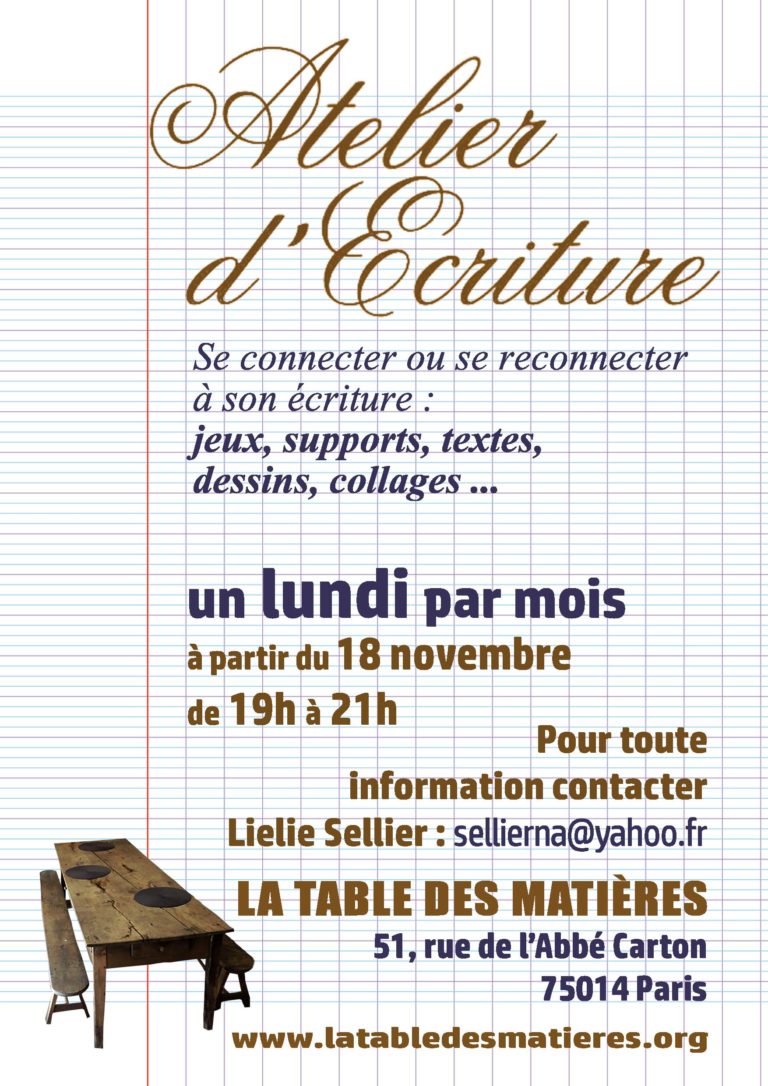 Atelier écriture – LA TABLE DES MATIÈRES